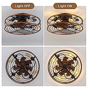 YEDAORL Caged Ceiling Fan with Light Flush Mount, 20 inch Vintage Low Profile Fandelier 6 Speed Chandelier Ceiling Fans Light Fixture with Reversible Motor Remote Control Black