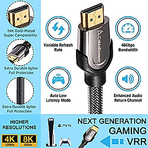 8K HDMI 2.1 Cable, 48Gbps Ultra HD Lead High-Speed Cord, Supports 8K@60Hz, 4K@120Hz, eARC HDR10, HDCP 2.2/2.3 Dolby, 3D, VRR, Compatible with Fire TV/Roku TV/PS5/Xbox/Nintendo Switch and More (2.5 ft)