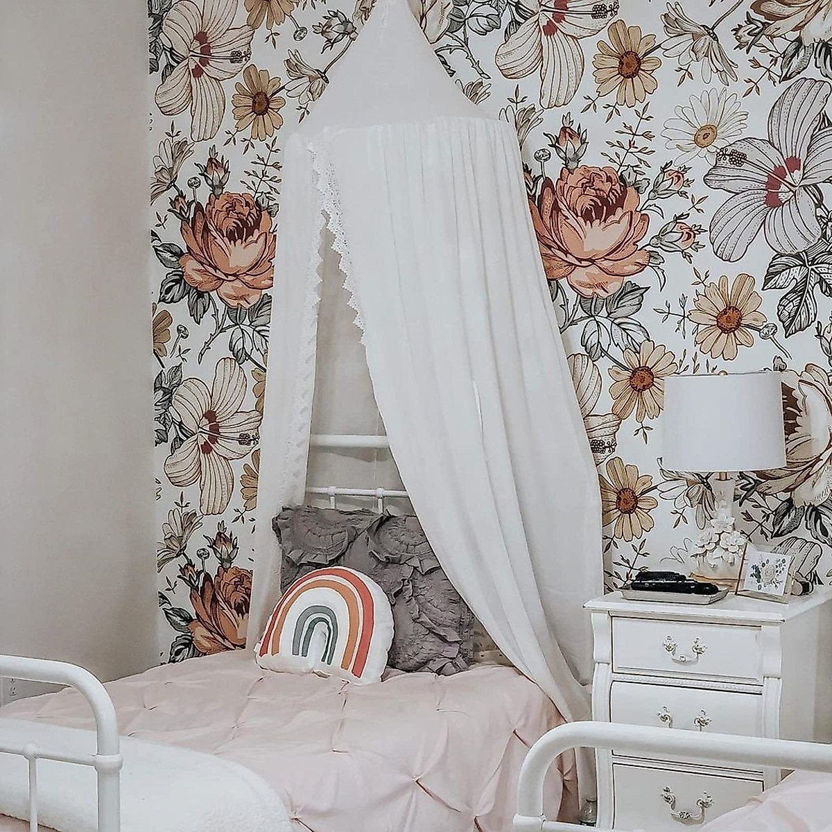 LOAOL Kids Bed Canopy with Lace Sheer Chiffon Hanging Canopy Net for Baby Crib Nook Castle Game Tent Nursery Play Room Decor (White)