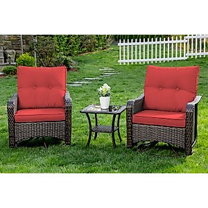 Gotland 3 Pieces Patio Swivel Rocker Wicker Chairs-Outdoor Swivel Rocking Chairs with 1 Rattan Coffee Table&2 Red Thickened Cushions Outdoor Furniture Conversation Sets for Patio Porch Garden