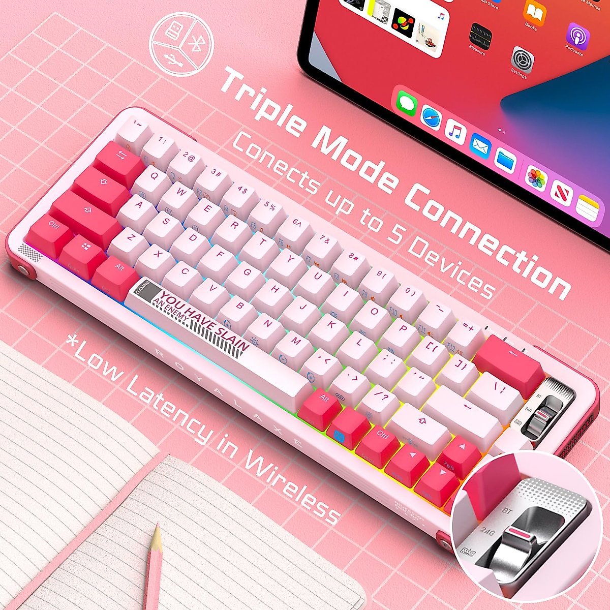 ROYALAXE Y68 TKL Wireless Mechanical Keyboard, Hot Swappable Wired/Bluetooth 5.0/2.4G Wireless Keyboard with RGB Light for Windows & Mac, PBT Keycap, Gateron G Yellow Pro Switch, Candy Pink