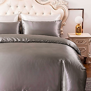 Vagasi Grey Duvet Cover Set Queen Size 3 Pieces - Comforter Cover Super Soft with 2 Pillow Shams - Satin Bedding Set Breathable & Smooth with Zipper Closure