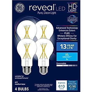 GE Reveal HD+ LED Light Bulbs, 60 Watt, A19 Bulbs (4 Pack)