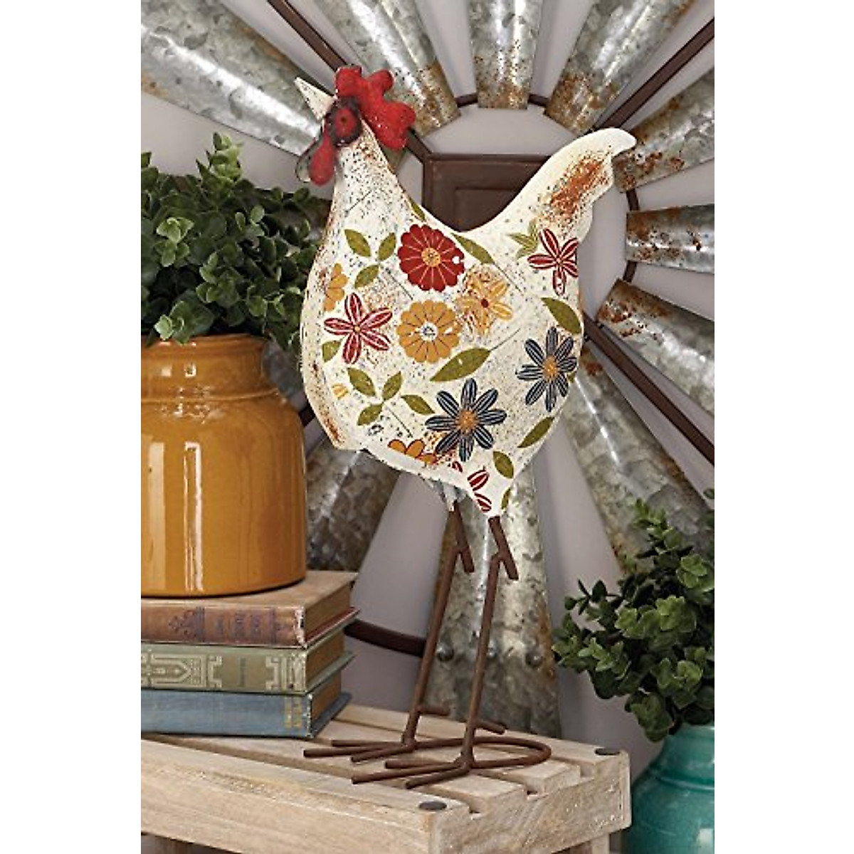 Deco 79 Metal Rooster Indoor Outdoor Distressed Standing Garden Sculpture with U Shaped Feet, 10" x 5" x 17", Cream