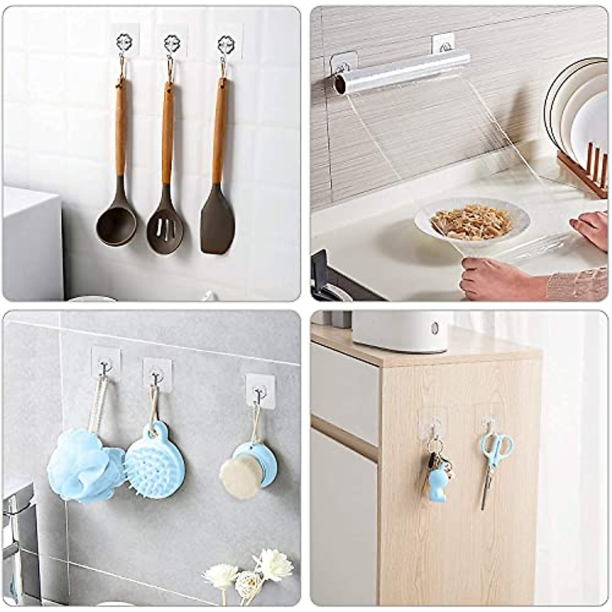 Adhesive Hooks, Heavy Duty Wall Hooks- 44 lb/ 20 kg(Max), Wall Hangers, Transparent Reusable Sticky Hooks, Utility Hooks for Bathroom, Kitchen, Door, Office, Window, Nail Free, Waterproof, Oil-Proof