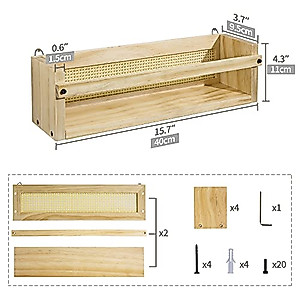 Petrala Boho Rattan Floating Shelves Set of 2, Natural Wood Wall Mounted Shelves for Wall Decor Bedroom Living Room Bathroom Office