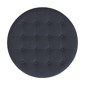 HomePop Home Decor | Button Tufted Velvet Round Storage Ottoman | Ottoman with Storage for Living Room & Bedroom, Steel Blue Velvet