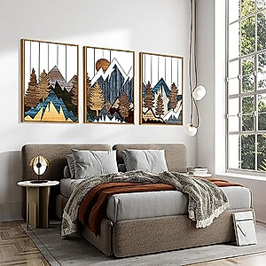 CHDITB Mountain Framed Canvas Wall Art Set, Country Woodcut Style Wall Decor, Forest Nature Wilderness Wall Painting, Modern Art Prints for Living Room, Bedroom, Farmhouse - Large Size 16"x24"x3