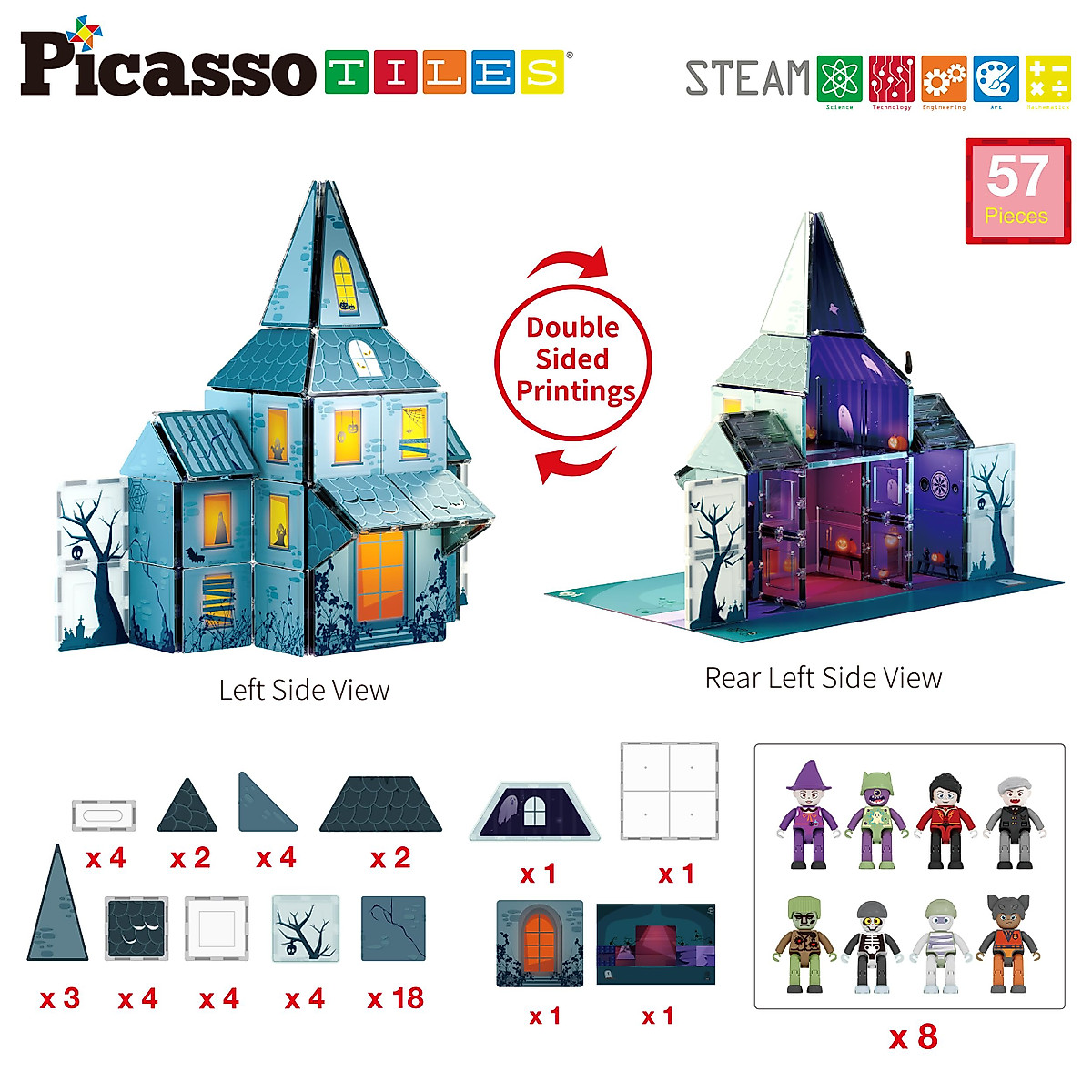PicassoTiles Haunted House Theme Magnet Tile Building Blocks 8 Action Figures Magnetic Construction Toy Double Sided Printing Education STEM Learning Playset Halloween Adventure Kid Ages 3+ PTQ03