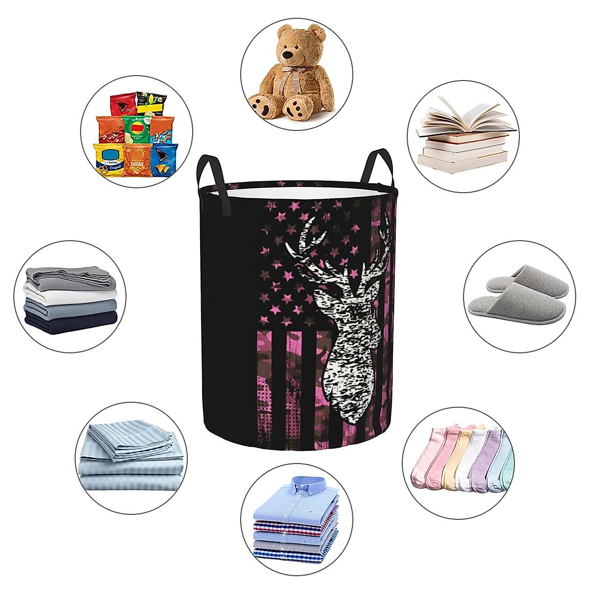 Laundry Hamper Compatible With American Flag Camo Funny Deer Hunting Pink Camouflage Freestanding Collapsible Large Laundry Basket, Boys Girls Clothes Toys Laundry Hamper Basket
