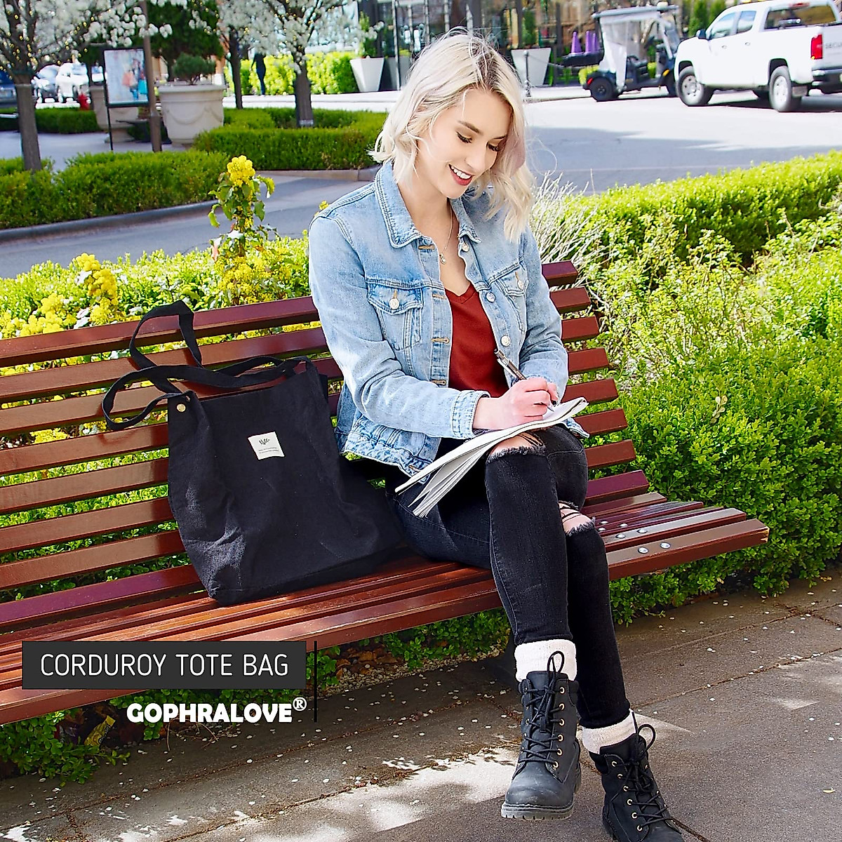 Cloele Corduroy Tote Bag for Women Shoulder Bag with Inner Pocket For Work Beach Lunch Travel And Shopping Grocery (Black)