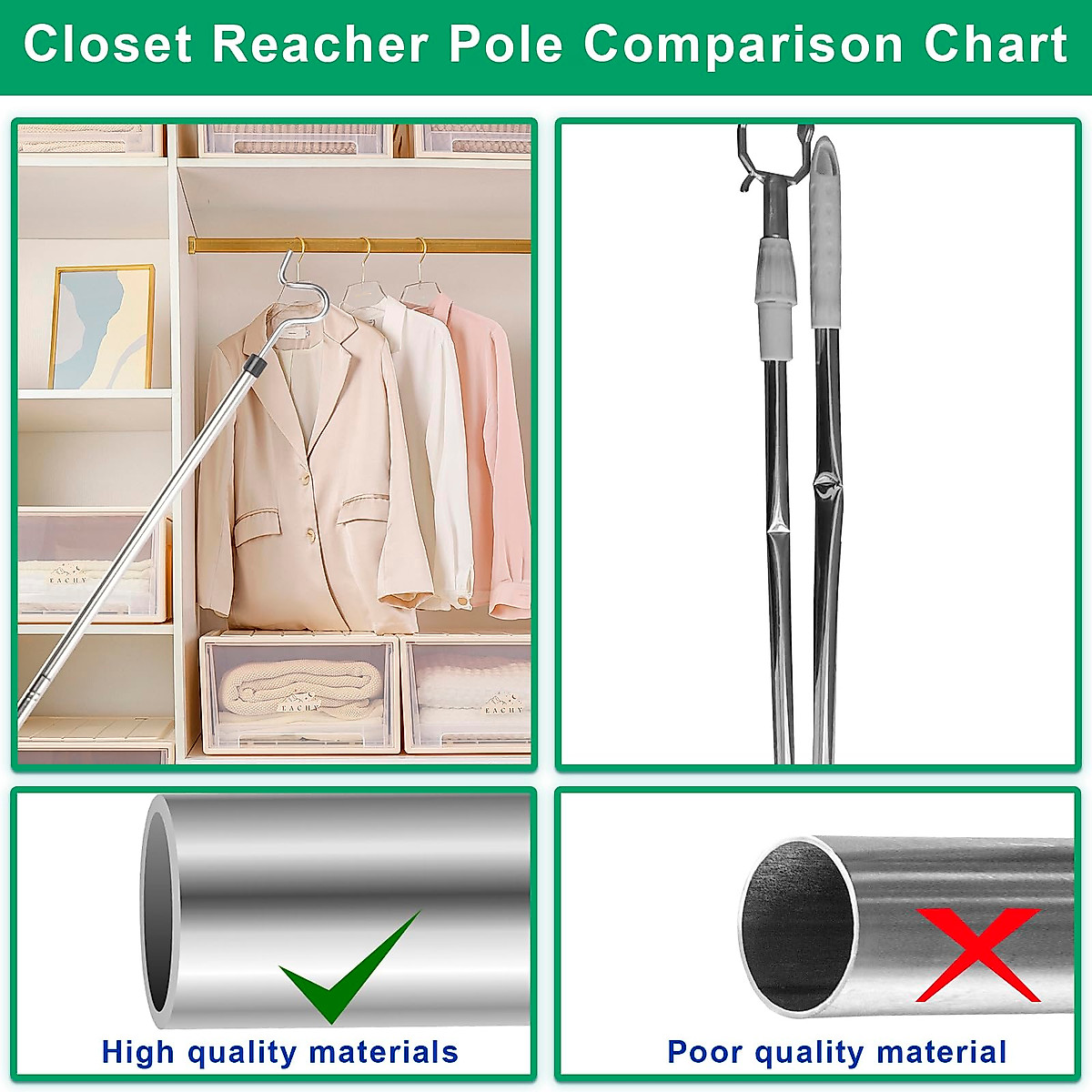 Frebuta Clothes Hook Pole Long Handle,51 Inch Closet Reacher Pole with Stainless Steel Tube S Hooks Hangs High for Lightweight Easy Storage Closet Rod with Shelf Pole Sturdy Ceiling Pole Closet Rod