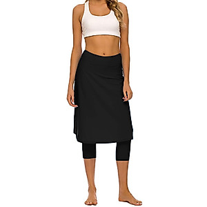 Micosuza Long Swim Skirt with Attached Leggings Modest Sun Protection Sports Skirt for Women Black