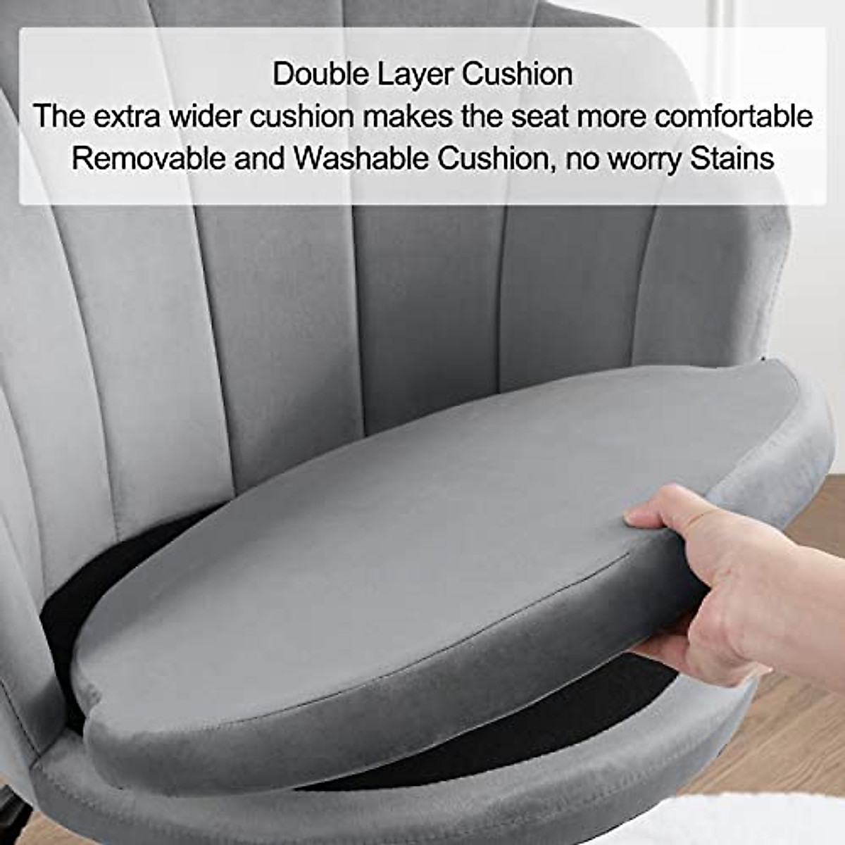 Furnimart Home Office Chair with Wheels Upholstered Comfy Velvet Desk Chair Stool, Adjustable Swivel Modern Seashell Back Vanity Chair for Living Room, Bedroom, Office (Grey)