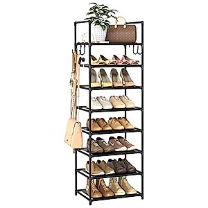 LANTEFUL 8 Tiers Tall Shoe Rack, Narrow Vertical Shoe Rack for Entryway Closet, 16-20 Pairs Shoe and Boots Organizer Storage Sturdy Shoe Shelf, Metal Stackable Shoe Stand with Hooks