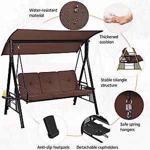 Yaheetech 3-Seat Outdoor Patio Swing Chair, Deluxe Outdoor Patio Porch Swing with Weather Resistant Steel Frame, Adjustable Tilt Canopy for Patio Garden Poolside Balcony Backyard, Dark Brown