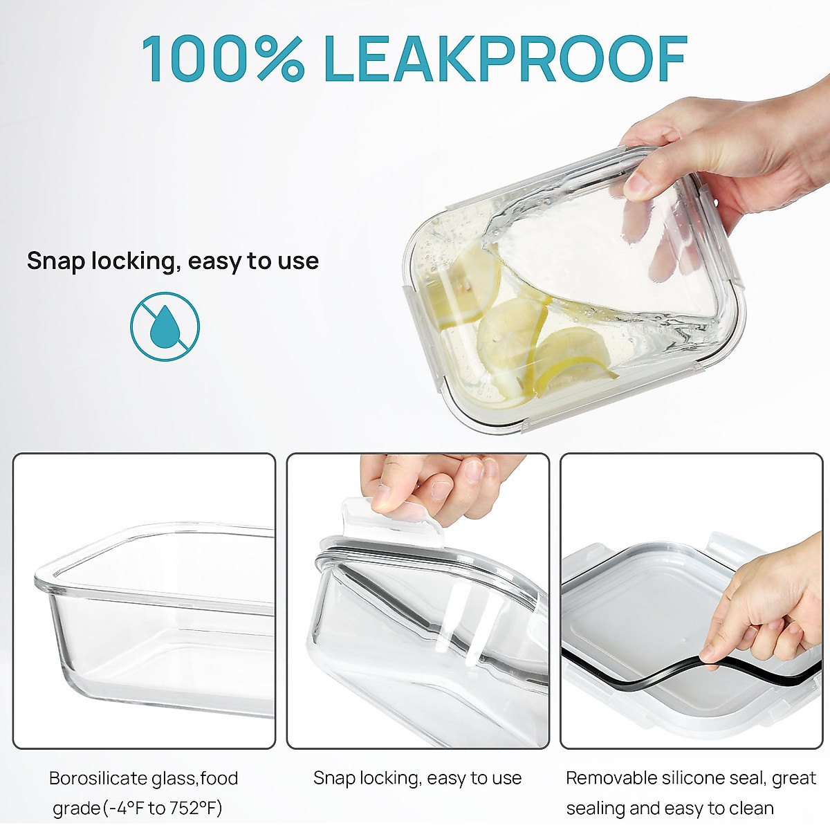 Vtopmart 2.26L/76oz Extra Large Glass Food Storage Containers with Lids, 6 pack Meal Prep Container Set, Airtight Container Bento Boxes with Snap Locking Lids for Microwave, Oven, Freezer, Dishwasher