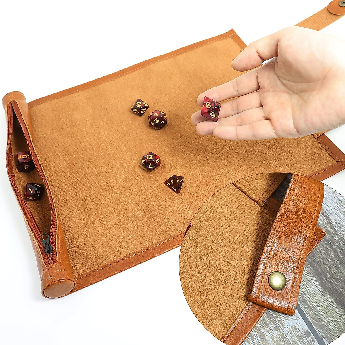 Lohoee 2Pcs Dice Rolling Mat PU Leather Dice Holder Tray with Zipper Folding Dice Bag for Dice Game Accessories (Brown and Purple)
