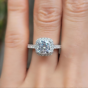 DovEggs 2ct Center 7.5mm Cushion Cut 2.3mm Width G-H-I Color Moissanite Engagement Ring Solitaire with Accents 14K Gold QUALITY Sterling Silver Engagement Ring for Women (6)