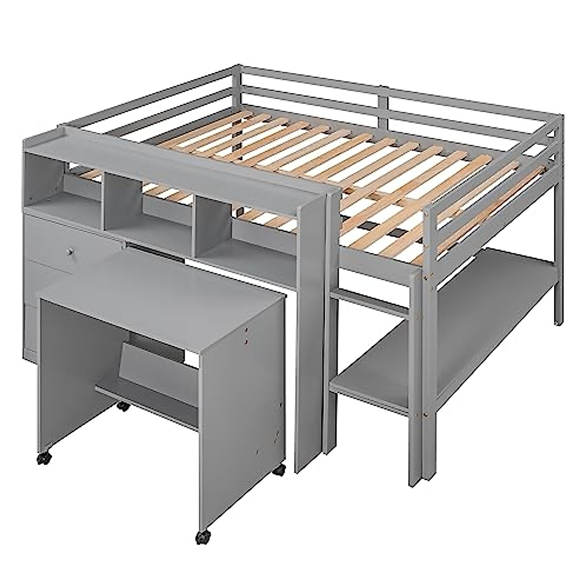Wooden Full Size Bed Frame Full Size Low Loft Bed with Rolling Portable Desk, Drawers and Shelves, Gray