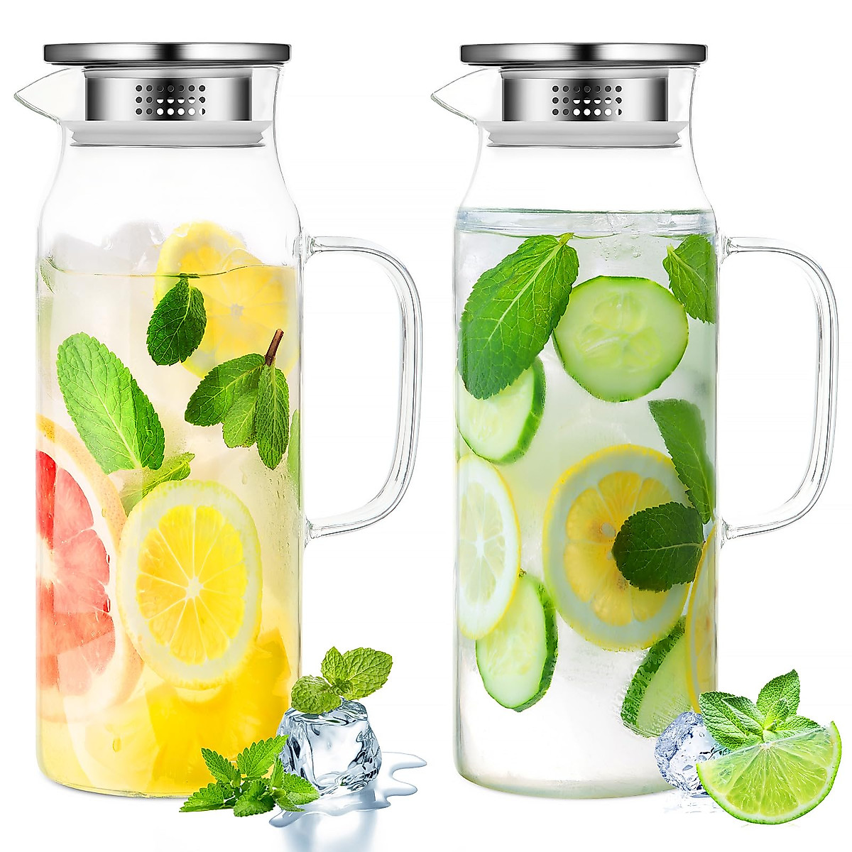 2 Pcs Glass Pitcher Water Pitcher with Lid Hot Cold Water Pitcher Bedside Water Carafe with Handle Heat Resistant Borosilicate Glass Jug for Fridge Beverage Carafe (54 oz,Stainless Steel)