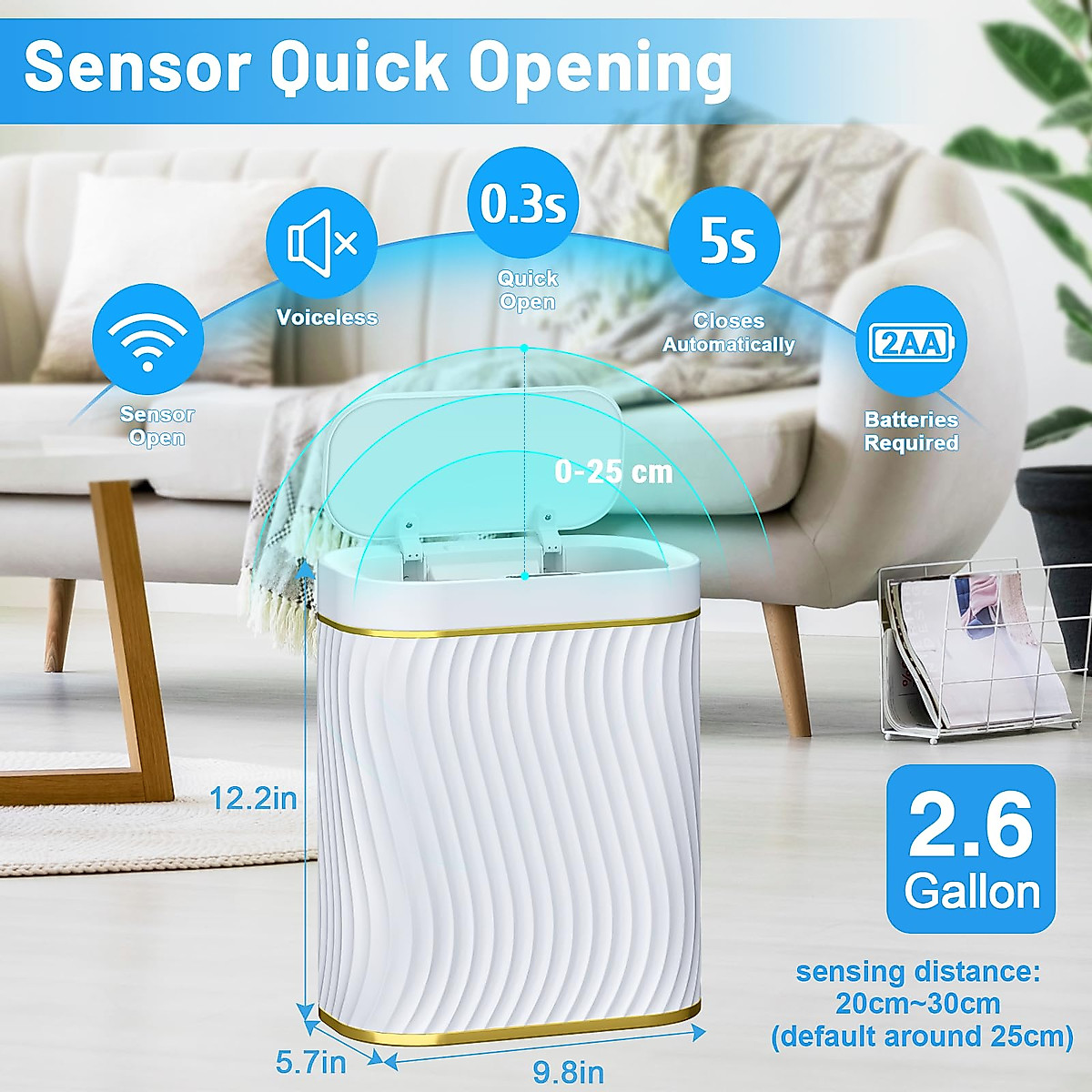 Bathroom Small Trash Can with Automatic Touchless Lid, 2.6 Gallon Smart Garbage Can Narrow Waterproof Trash Bin for Bedroom, Office, Living Room