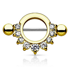 Pair of Half Circle CZ Gem Gold IP Surgical Steel Nipple Rings Shield 14G 9/16" - Gold