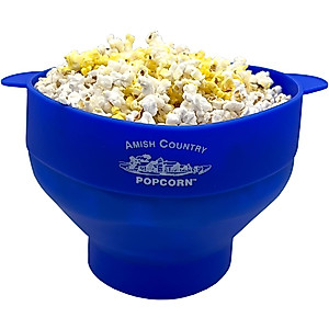 Amish Country Popcorn | Collapsible Silicone Microwave Popper with Customized ACP Logo | BPA and PVC Free Popcorn Bowl with Handles | Dishwasher Safe | Includes 2-2 oz Bags of Kernels (Blue)