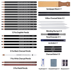 MARTCOLOR Drawing Sketching Pencils Set, 34 Pieces Pro Art Pencil Kit - Graphite Pencils (14B-4H), Charcoal Pencils, Charcoal Sticks, Artist Pencils for Beginners & Pro Artists