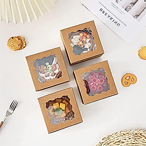 Moretoes 30 Pack Mini Cookie Boxes 4 Inch Bakery Boxes with 66ft Twine Small Brown Kraft Cake Boxes with Window for Cupcakes, Pies, Donuts（4x4x2.5 Inch）