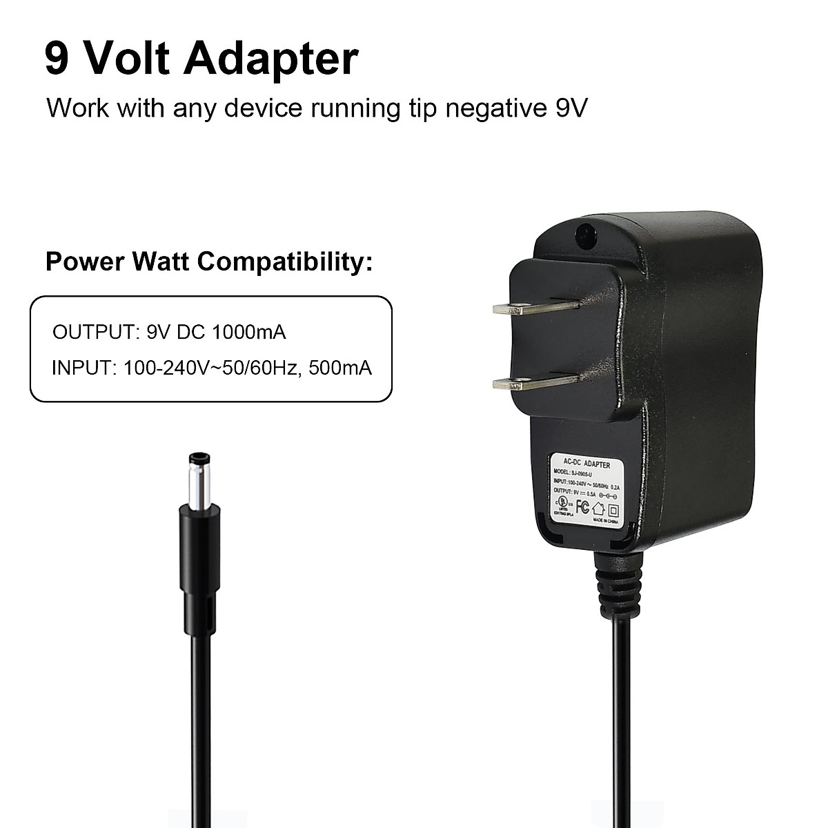 VSN 9V 500mA DC Power Supply for Electric Guitar Effects Pedals Center Negative,Guitar Pedal Power Supply,Compatible for Most Effect Pedals