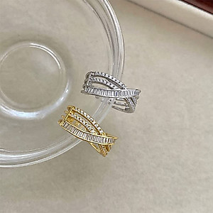 Moeva Twisty Ionic Ring, Cheap Rings for Women, Gold Plated Rings Women, Double Row Open Twist Knot Ring, Adjustable Zirconium Diamonds Open Ring, Womens Rings Size 7, Cross Ring Gold (Silver)