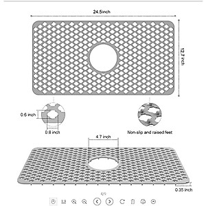 Sink Protectors for Kitchen Sink , 24 inch x 12 inch Heat Resistant Kitchen Sink Mat for Bottom of Stainless Steel/Porcelain Sink with Center Drain,No-Slip Sink Grid Accessories(Grey)