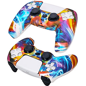 9CDeer 1 Piece of Silicone Transfer Print Protective Cover Skin + 10 Thumb Grips for PlayStation 5 / PS5 Controller Rainbow