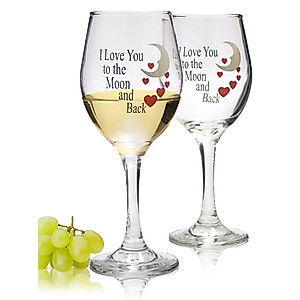 BANBERRY DESIGNS - Set of 2 Wine Glasses - I Love You to the Moon and Back Design with Red Hearts - 14 oz