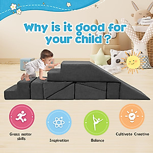 MOOZHEALTH Kids Small Play Couch, Modular Toddler Foam Sofa with Chenille Fabric Cover Children Convertible Soft Playset Climbing Building Blocks for Playroom Nursery Creative Boys & Girls (Gray)