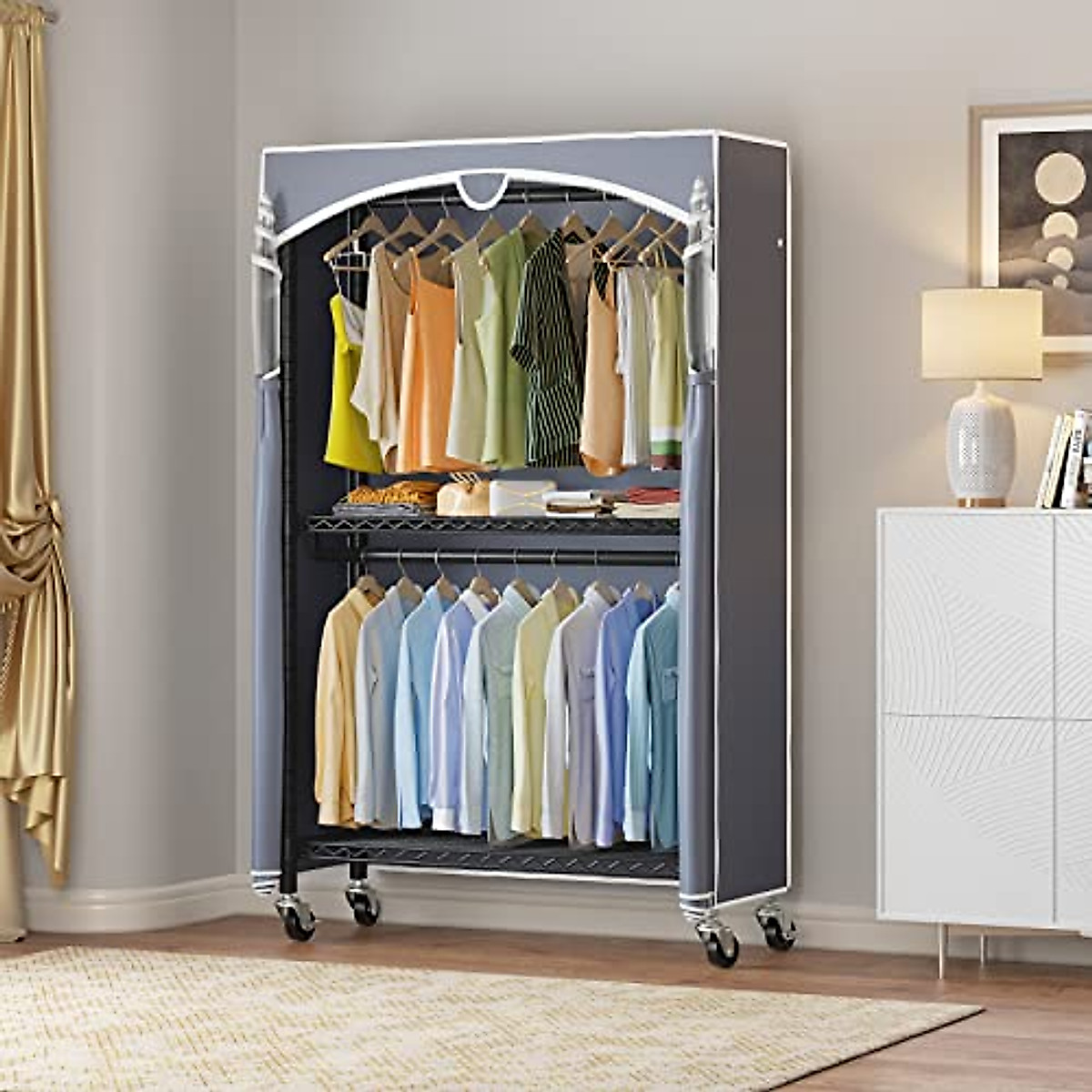 VIPEK R2C Plus Heavy Duty Rolling Garment Rack with Cover Adjustable Clothing Rack for Hanging Clothes Portable Closets with Double Rods, Wardrobe on Wheels, Black Rack with Grey Clear Window Cover