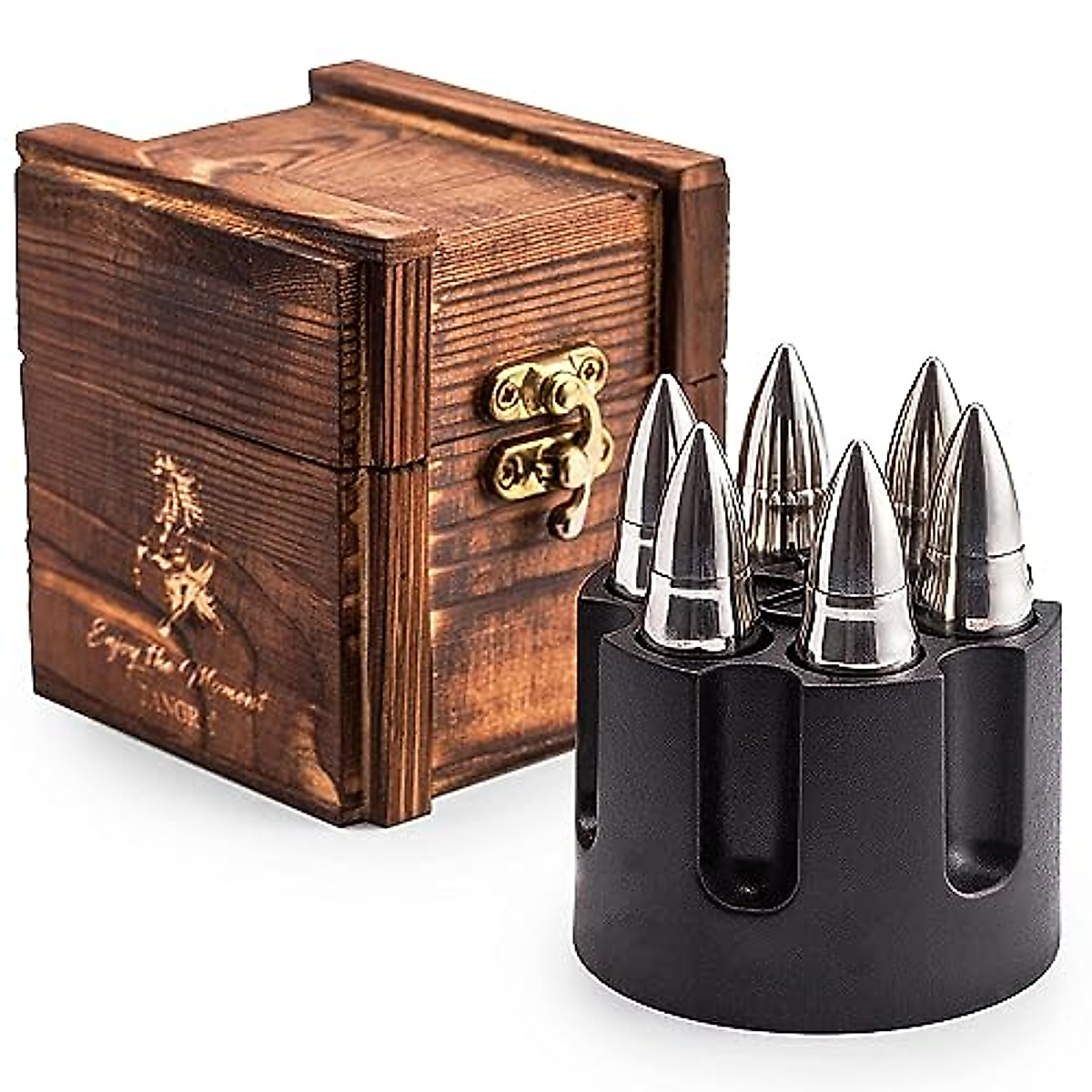Whiskey Stones Large 6 Laser Engraved Stainless Steel Silver Bullets with Revolver Barrel Base Reusable Chilling Rocks Stone Ice Cubes Chillers Birth Day Gift Set for Father's Day, Military Man