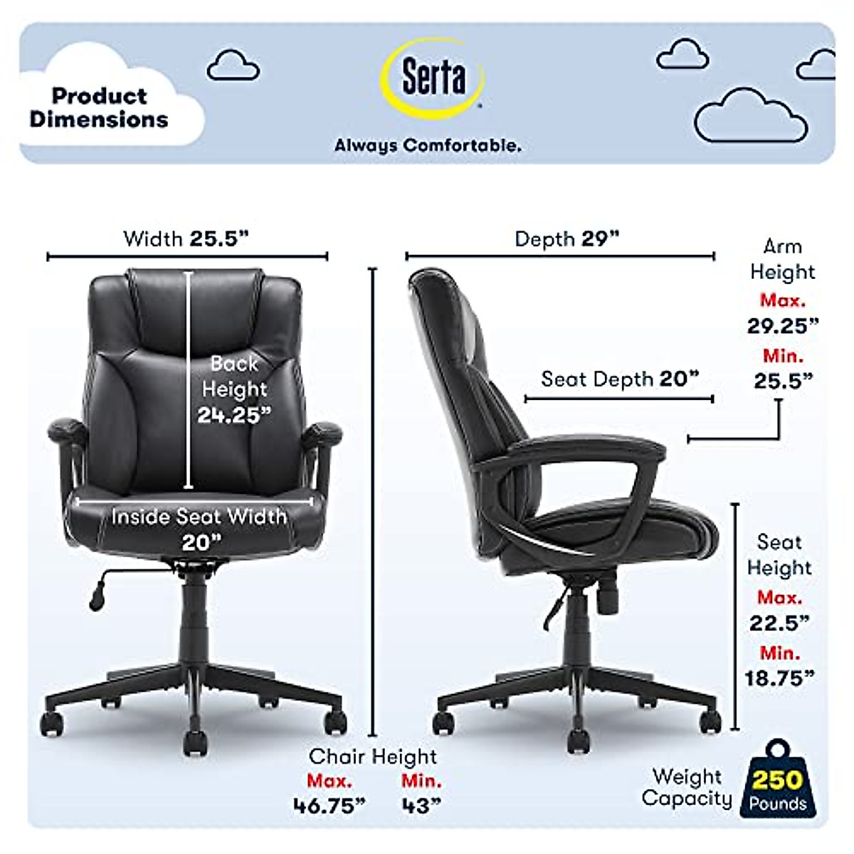 Serta Executive High Back Office Chair with Lumbar Support Ergonomic Upholstered Swivel Gaming Friendly Design, Bonded Leather, Black
