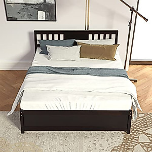 Prohon Queen Size Platform Bed Frame with Horizontal Strip Design Headboard, Strong Wooden Slat Support with Large Underbed Storage Space, Simple Style Bedframe for Kids, Teen, Adults, Espresso