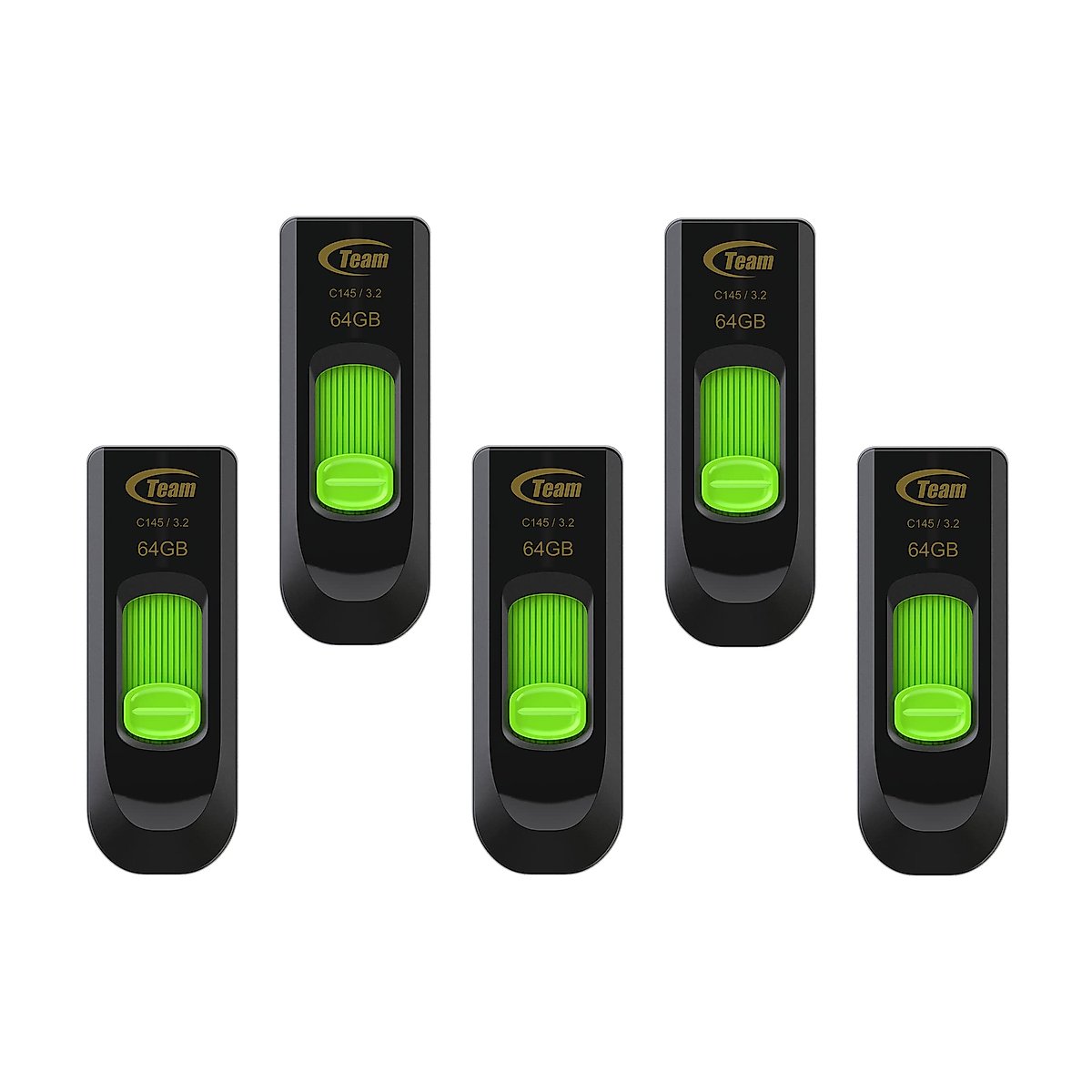 TEAMGROUP C145 64GB 5 Pack USB 3.2 Gen 1 (3.1/3.0) Read 100MB/s Flash Thumb Drive, External Data Storage Memory Stick Compatible with Computer/Laptop (Black-Green) TC145364GG21