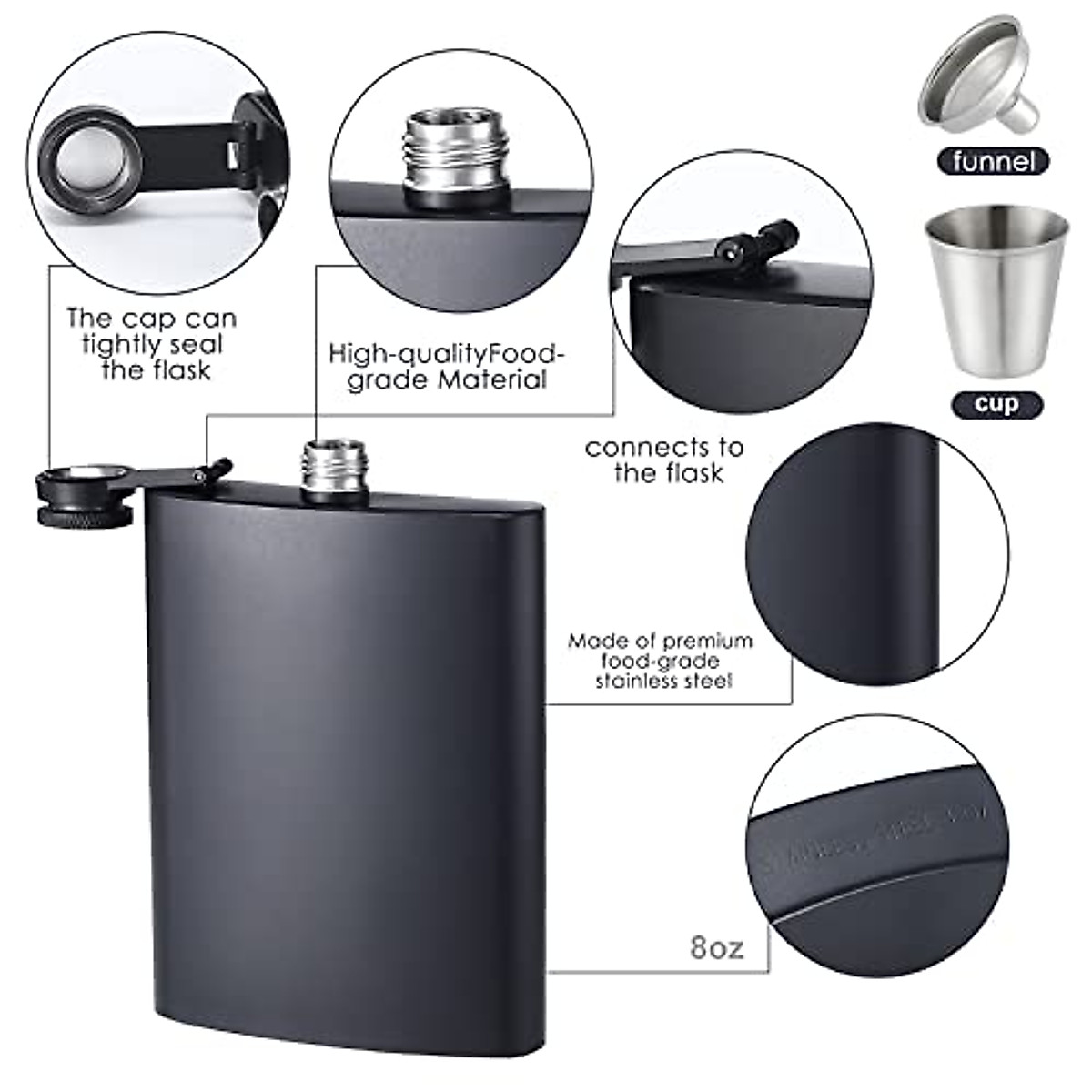 2 Pack Hip Flasks for Liquor Matte Black 8 Oz Stainless Steel Leak-proof Thin Flasks with 2pcs Funnels and Cups for Wedding Party, Groomsman, Bridesmaid, Gift