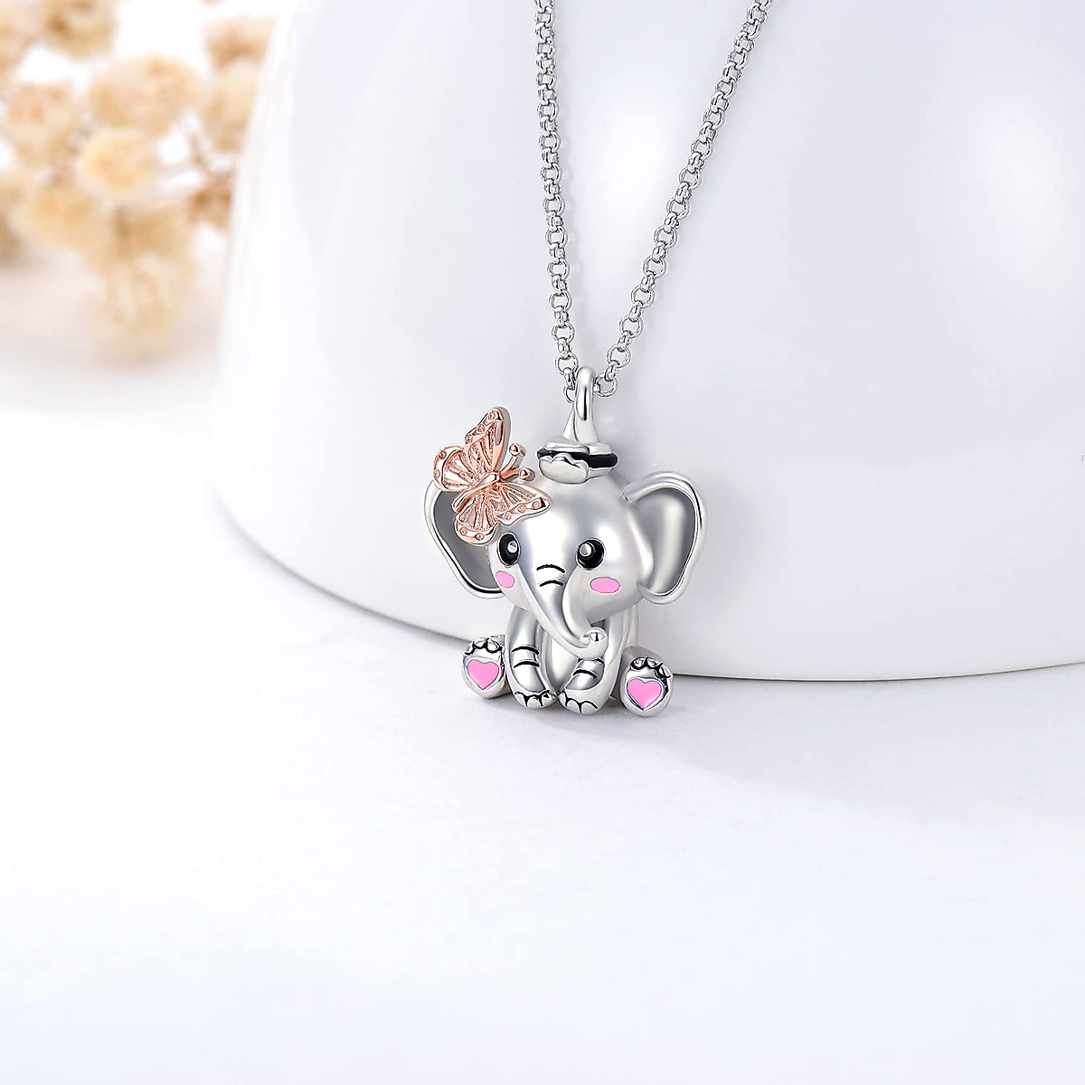Lucky Elephant Cremation Butterfly Urn Necklace for Ashes 925 Sterling Silver Human Fur Keepsake Memorial Locket Holder Jewelry Gift for Women