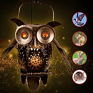 JCWH Fake Owl Solar Light,Auto On-Off Black Metal Waterproof,Animal Statue Decorative with Sheep Hook for Garden Backyard