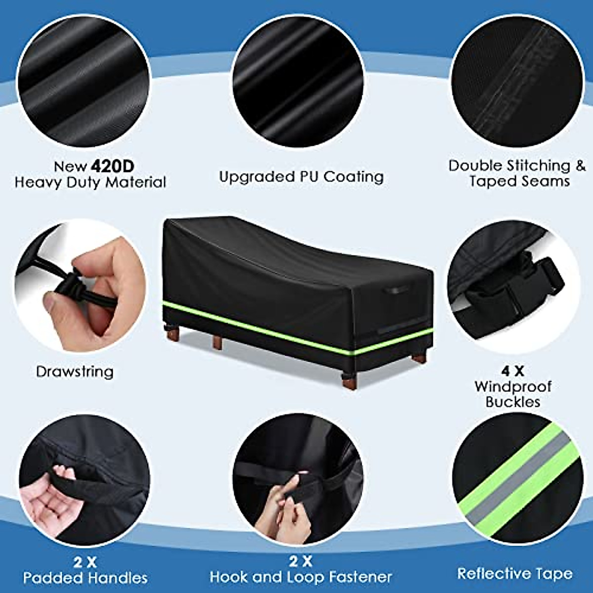 GARPROVM Chaise Lounge Cover, Waterproof 420D Heavy Duty Patio Outdoor Lounge Chair Cover, 2 Handle, PU Coating, Reflective Tape, UV Resistant & Tear-Resistant, 2 Pack - 79‘’ L x 30‘’ W x 28‘’H