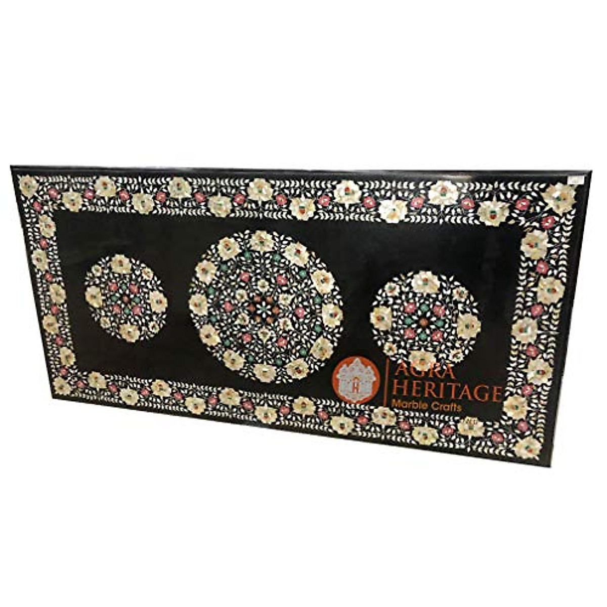 Black Marble Big Dining Table Top Mother of Pearl Inlay Gemstone Fine Design Decor | 84"x48" Inches
