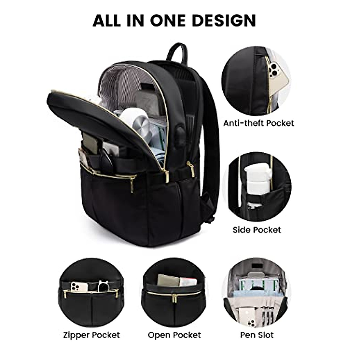 LOVEVOOK Travel Laptop Backpack Women, 17 Inch Anti-Theft Water Resistant Computer Back Pack, College Work Teacher Nurse bag with USB Charging Port, Large Capacity, Black