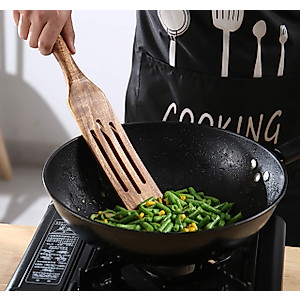 Wooden Spurtle Kitchen Utensils,QWKIT 5Pcs Premium Natural Teak Wood Slotted Spurtle Spatulas Spoons Set for Nonstick Cookware Kitchen Cooking Heat Resistant Non Stick (5)