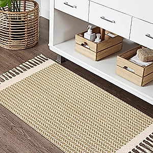 Lahome Boho Bathroom Rugs, Small 2x3 Front Door Mat Lightweight Kitchen Rug Woven Cotton Area Rug with Tassels, Farmhouse Non-Shedding Washable Throw Rug Low Pile Carpet for Entry Laundry, Khaki