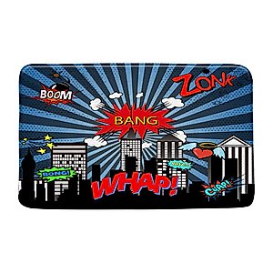 AMFD Superhero Bath Mat Retro Buildings Cityscape Skyline Cartoon Comic Art Boom Scream Splash Bang Symbol Red Black Bathroom Shower Mat Kitchen Rug Microfiber Memory Foam 20x31 Inches